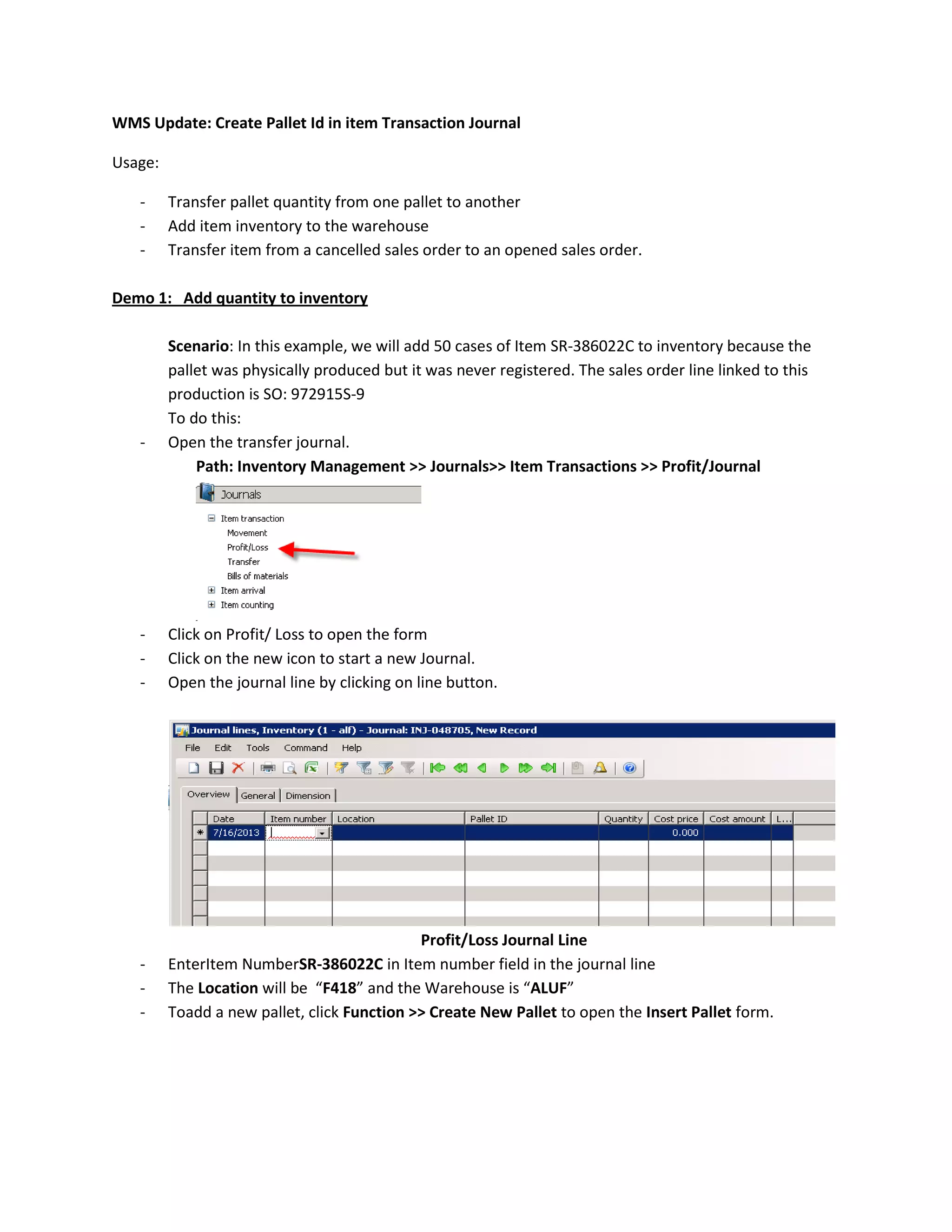 WMS Update: Create Pallet Id in item Transaction Journal | PDF