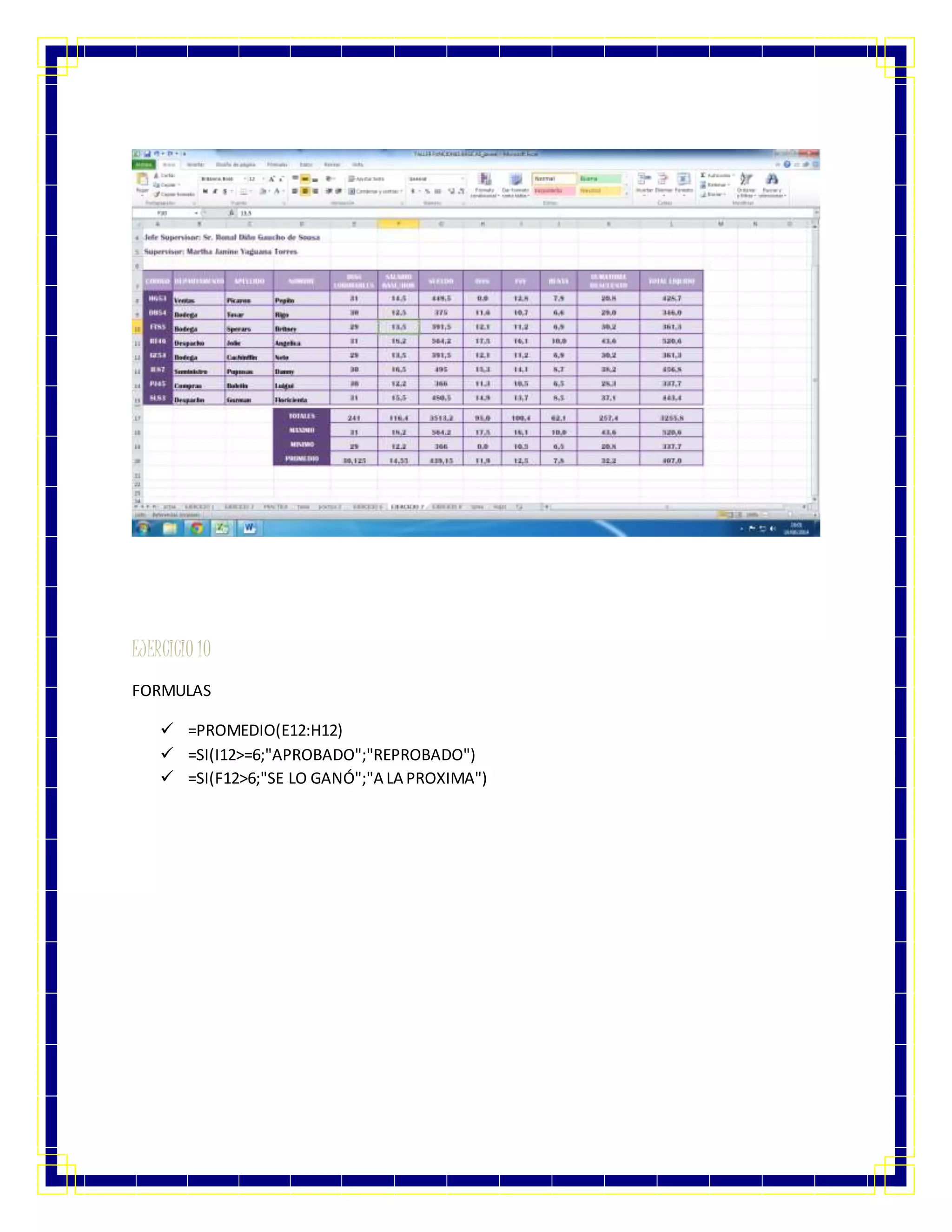 Ejercicios de aplicación de formulas de excel | DOCX