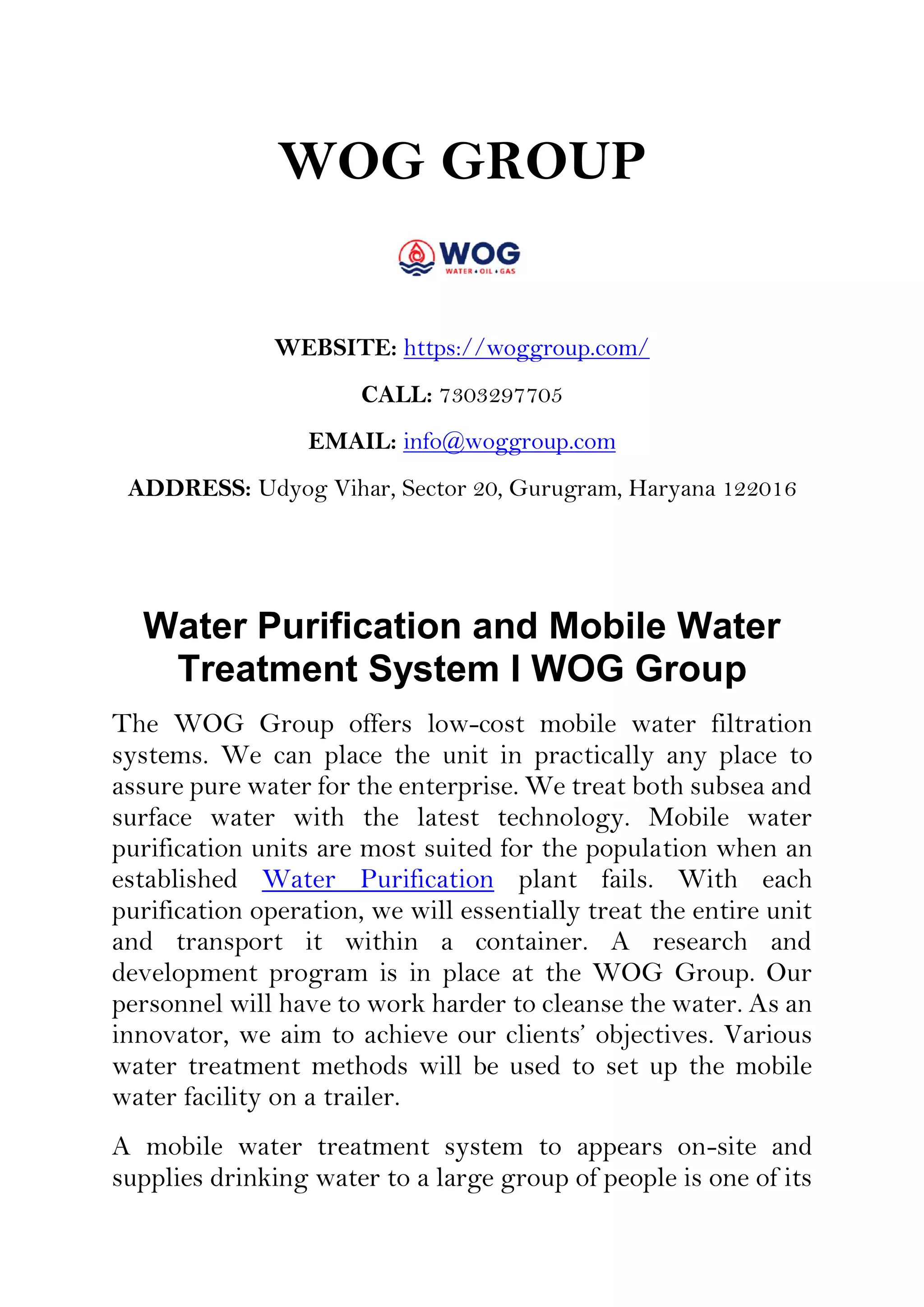 Water Purification and Mobile Water Treatment System I WOG Group | PDF