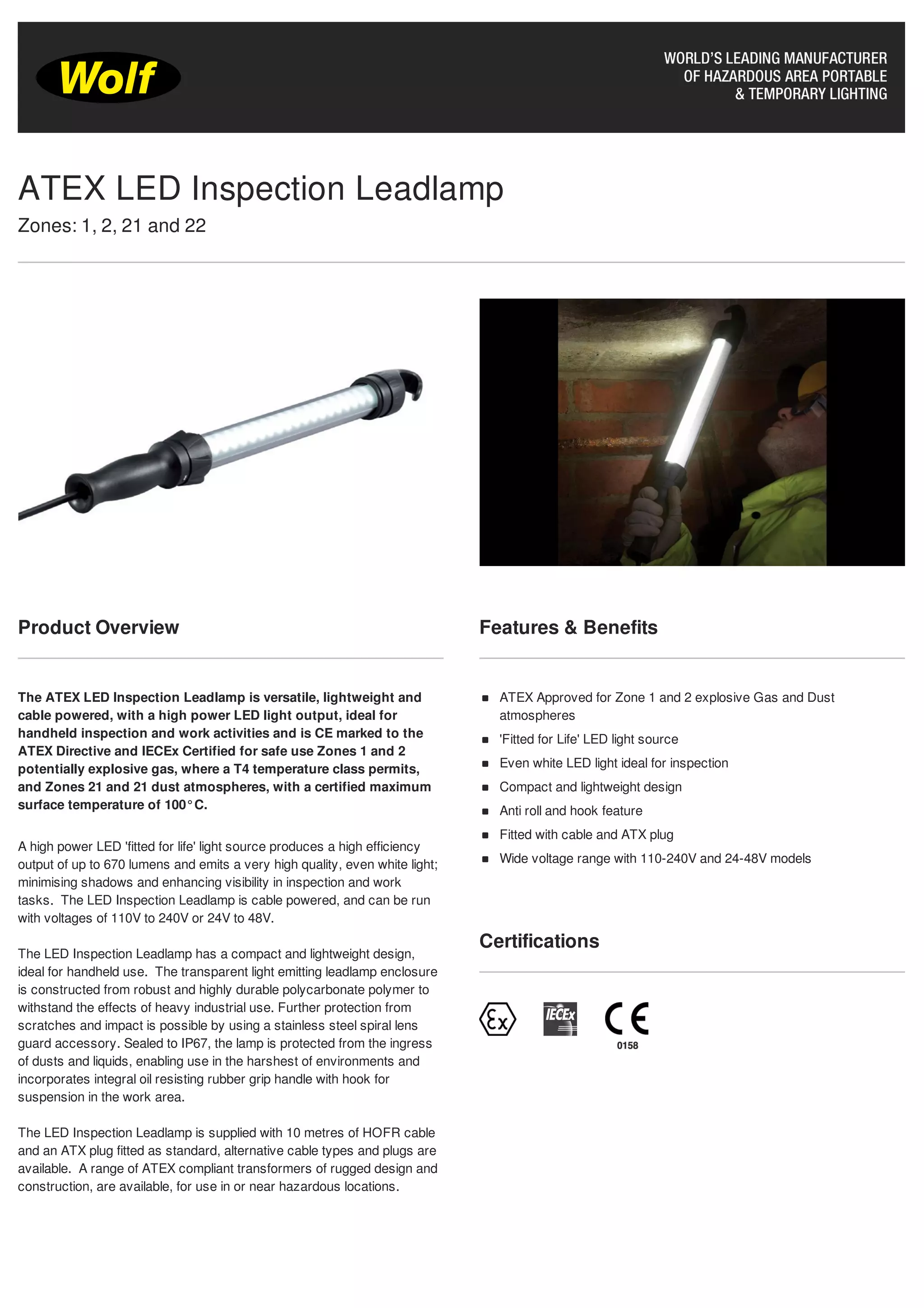 Wolf ATEX LED Inspection Leadlamps - Spec Sheet | PDF