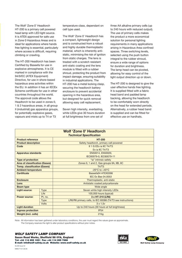 Wolf HT-200 Headtorch ATEX - Spec Sheet | PDF | Technology & Computing