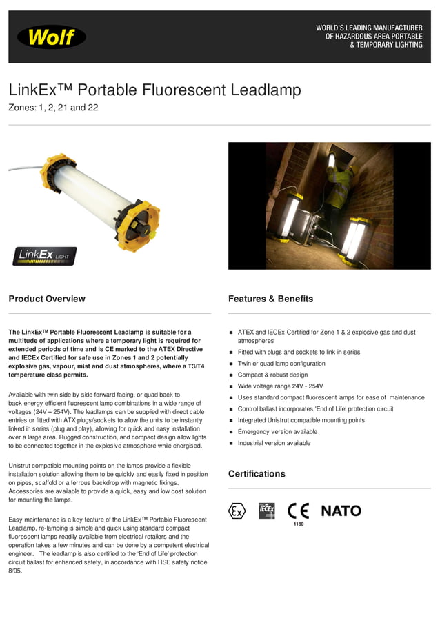 Wolf LinkEx LL500 Portable Fluorescent Luminaire ATEX - Spec Sheet | PDF