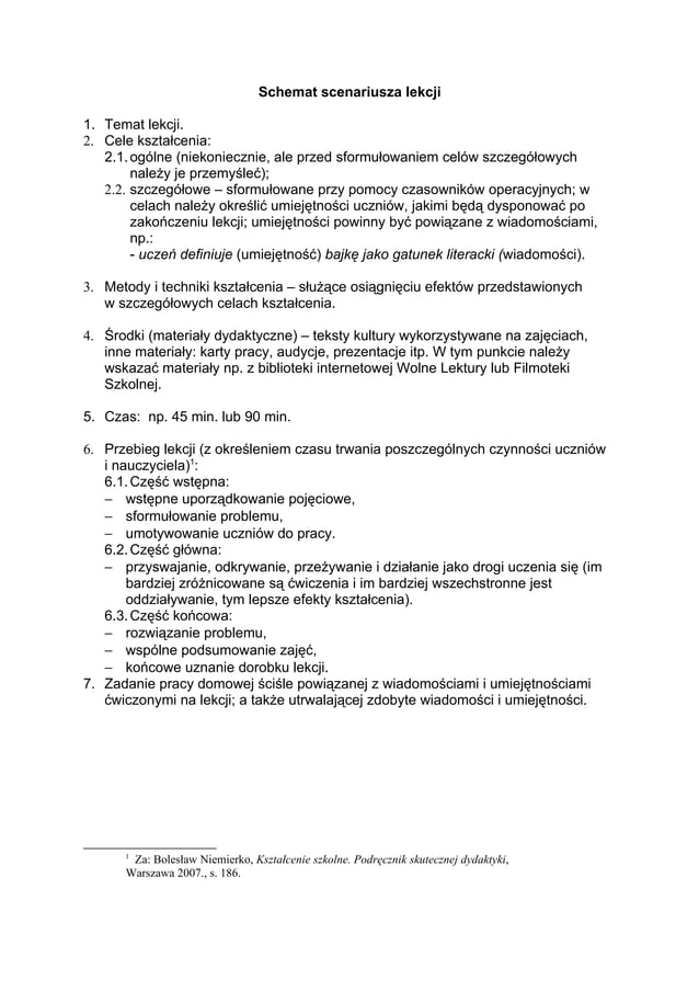 Schemat scenariusza lekcji | DOC