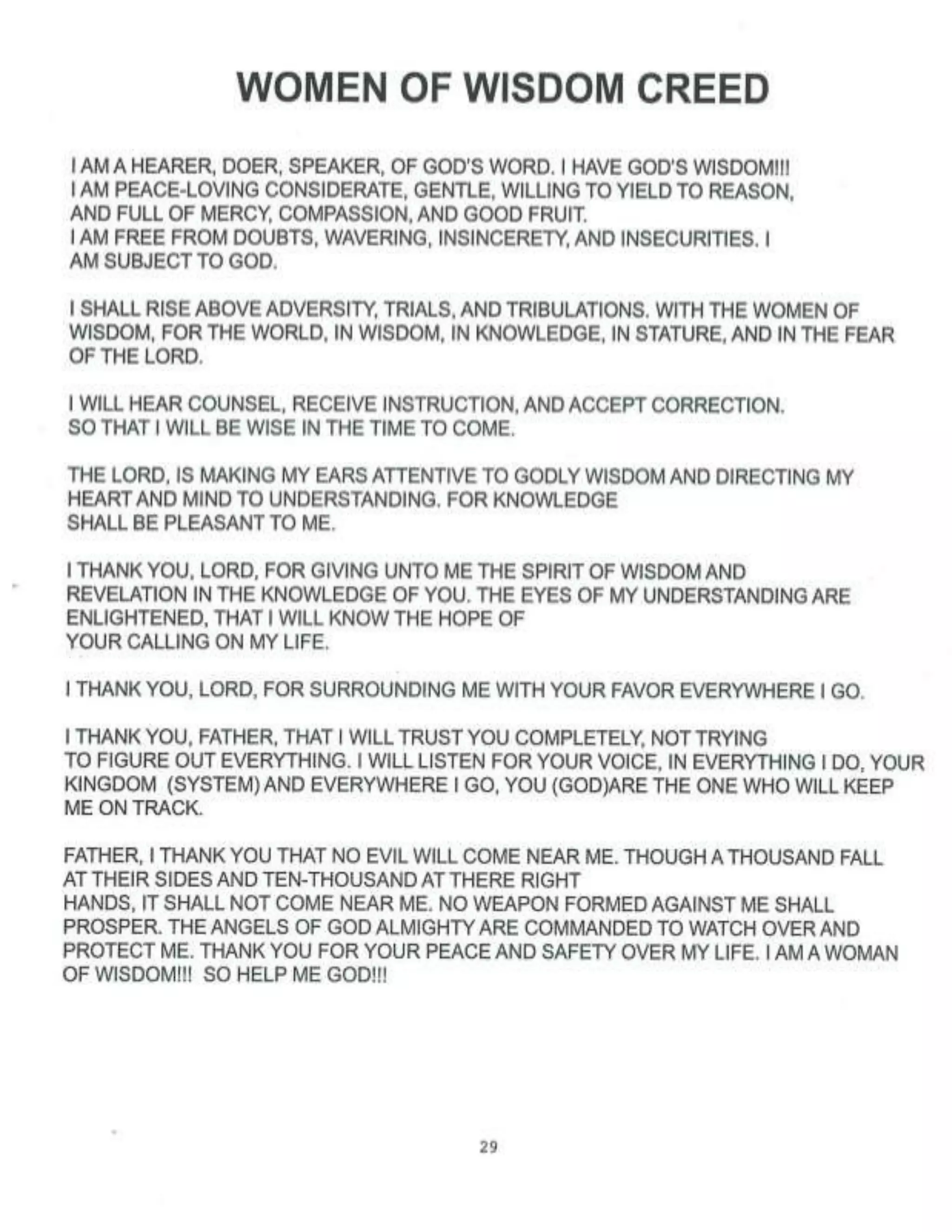 Trinity Kings Family Leadership: Women of Wisdom Ministry to Women Creed | DOCX | Christianity ...