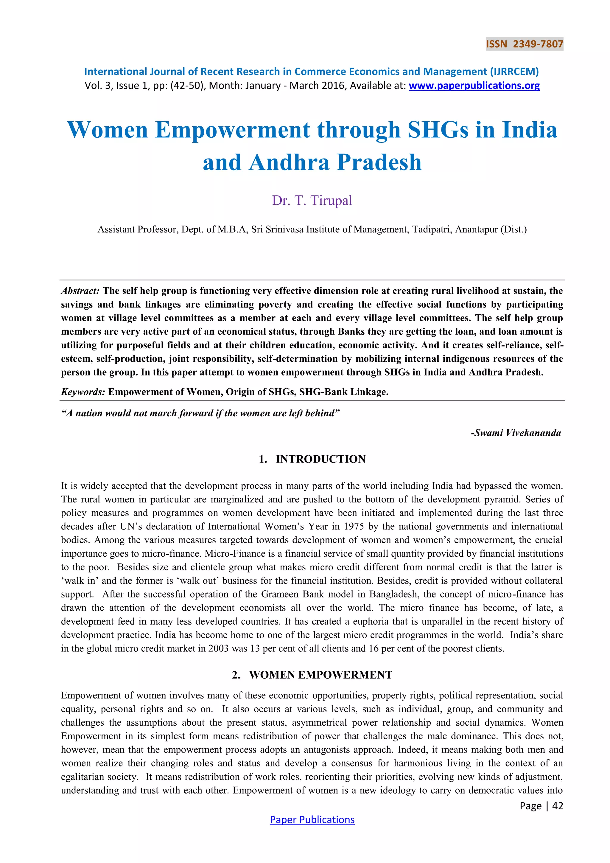 Women Empowerment through SHGs in India and Andhra Pradesh | PDF | Government Support and ...