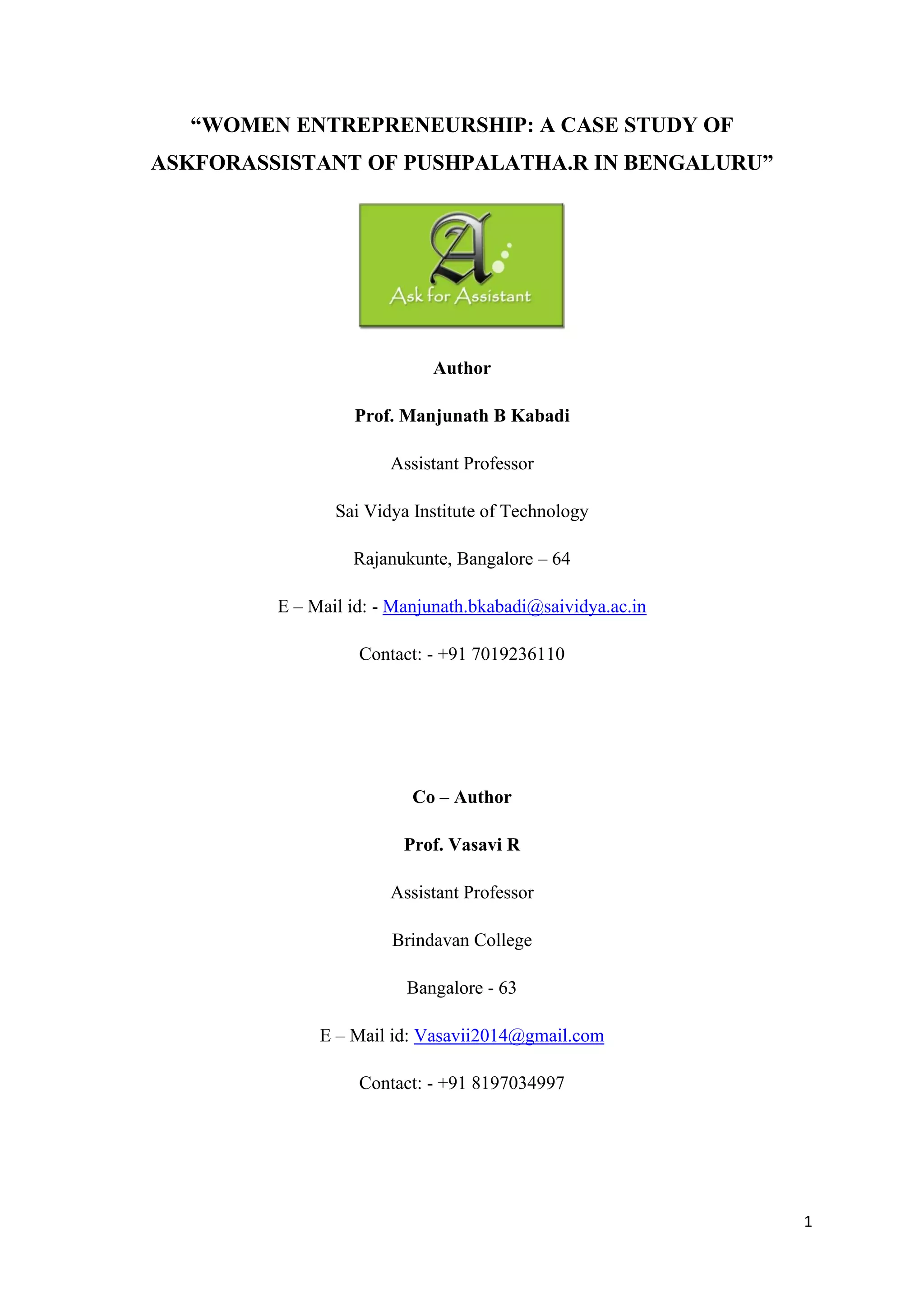 Women entrepreneurship - Case Study | PDF