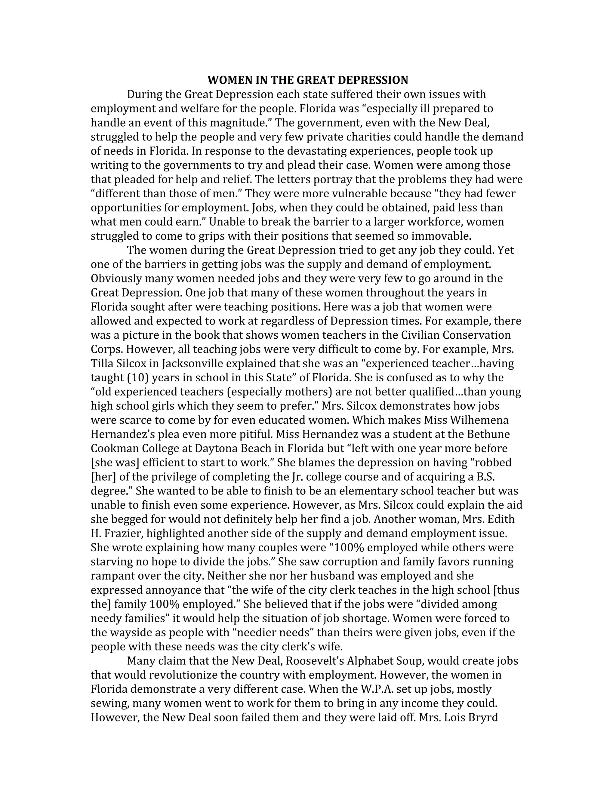 Florida Women in the Great Depression | DOCX