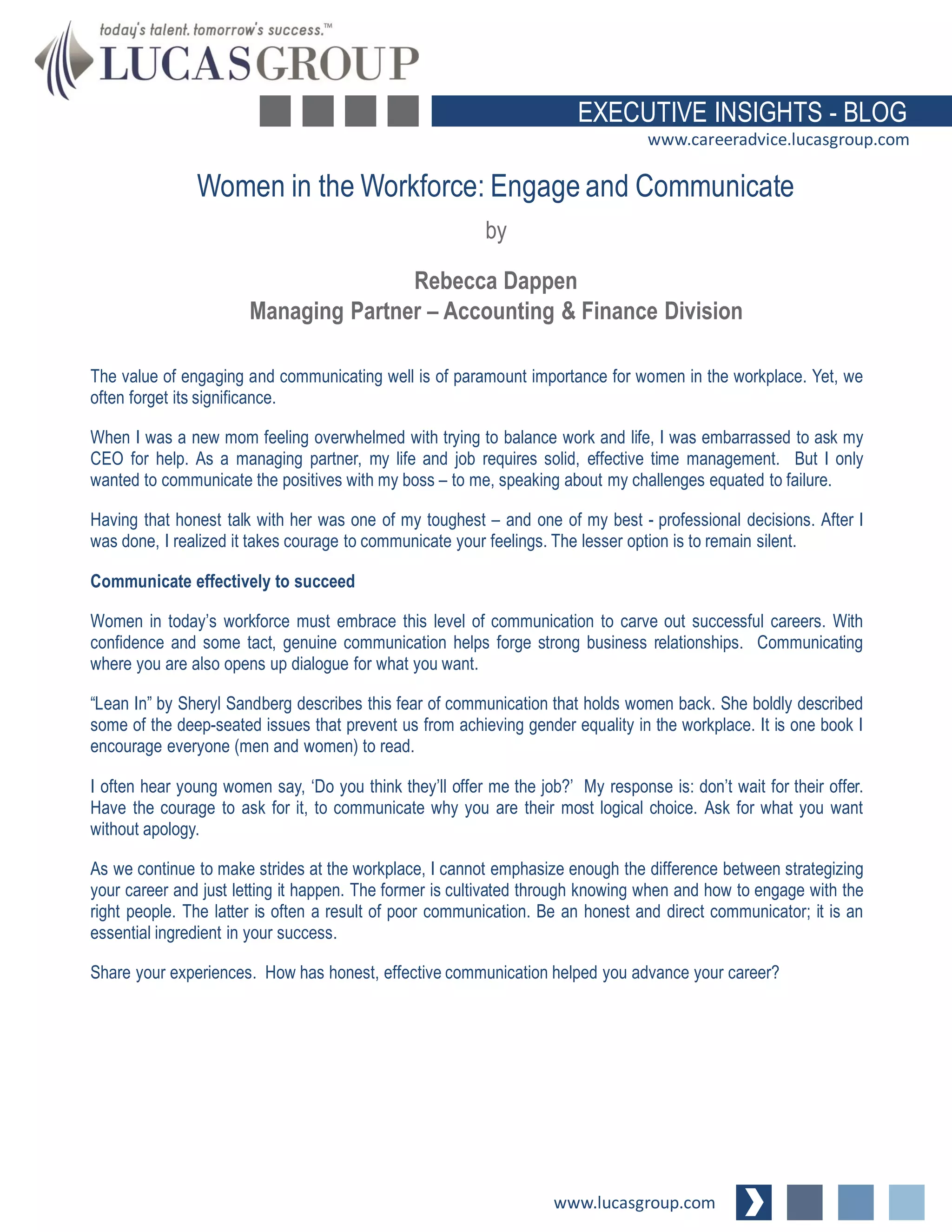 Women in the Workforce: Engage and Communicate | PDF