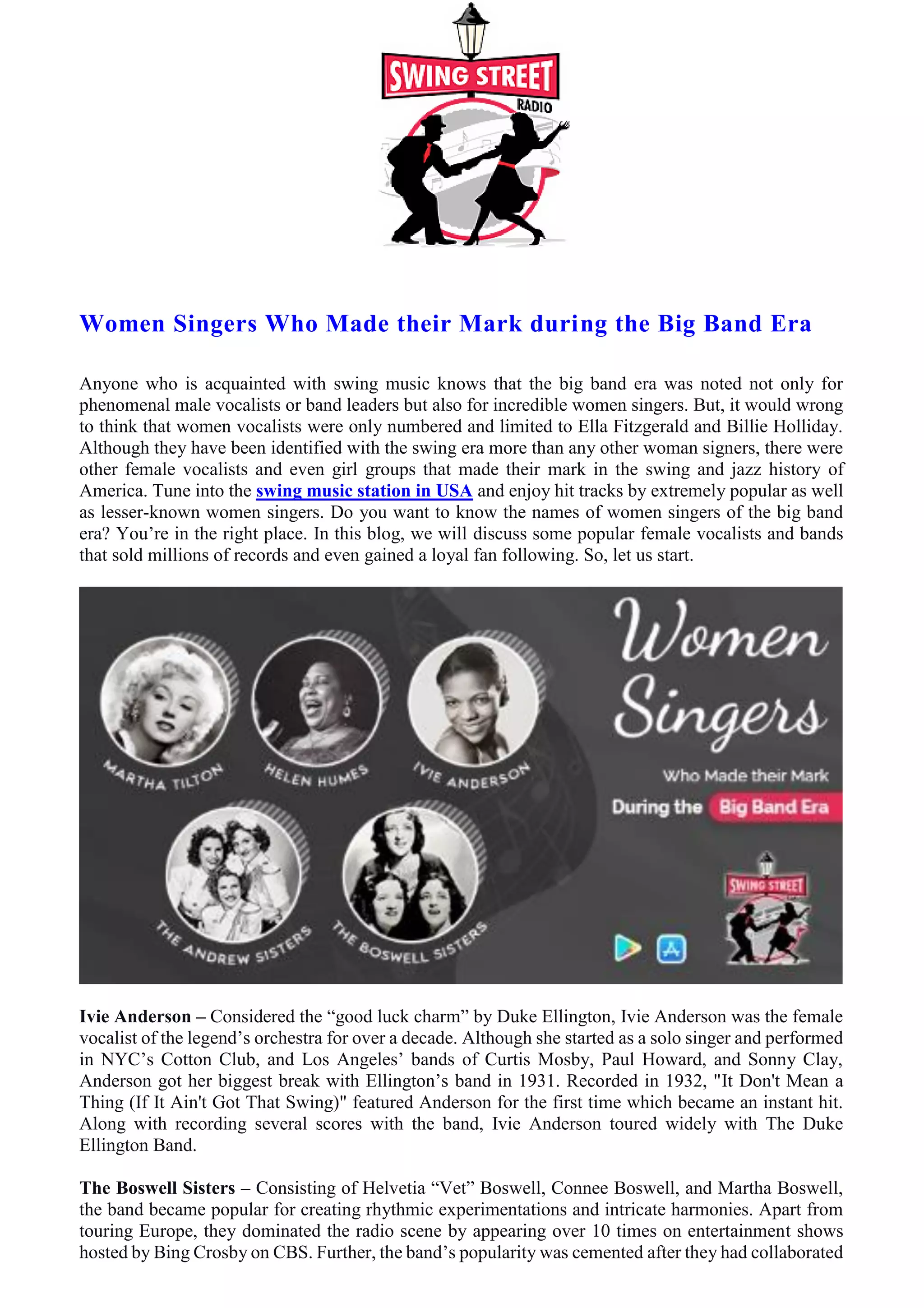 Women Singers Who Made their Mark during the Big Band Era | PDF
