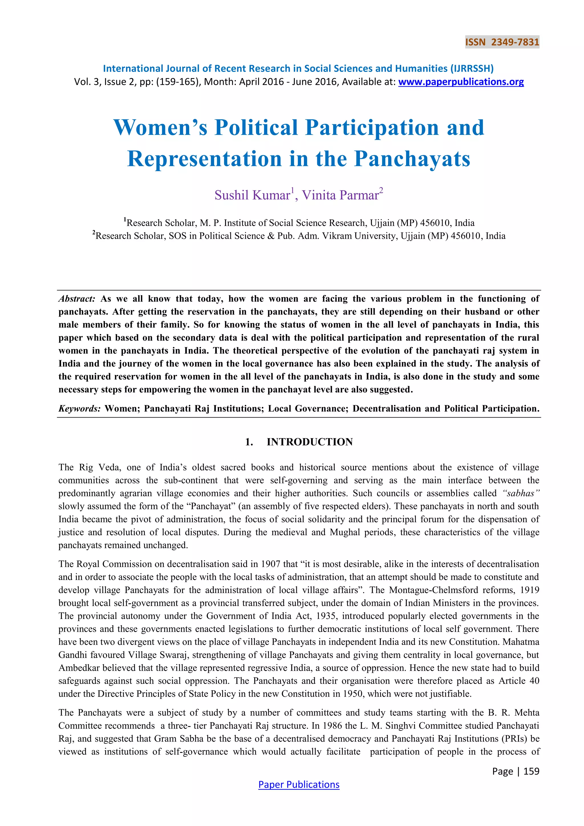Women’s Political Participation and Representation in the Panchayats | PDF
