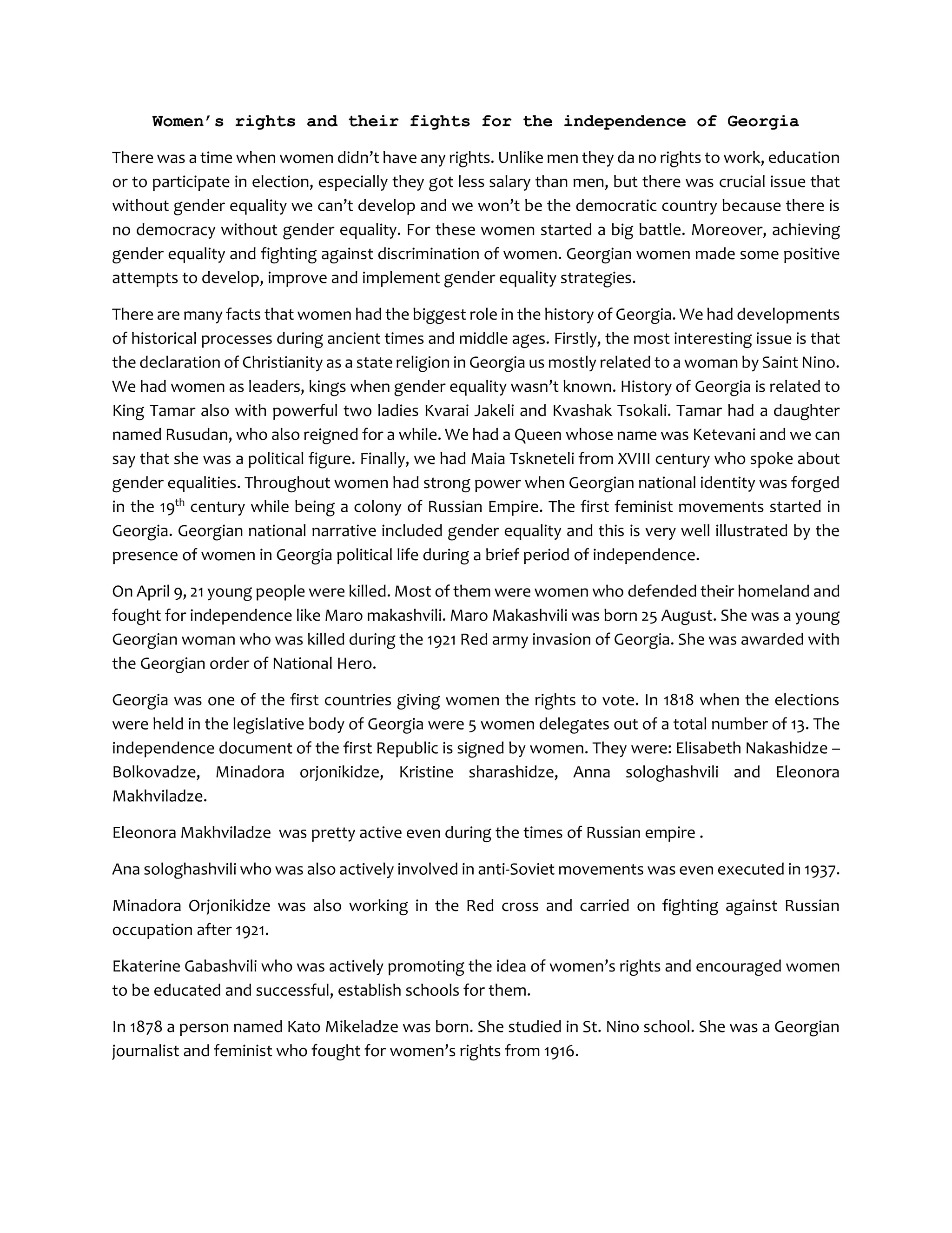 Women's rights and their fight for independence of Georgiaof | DOCX