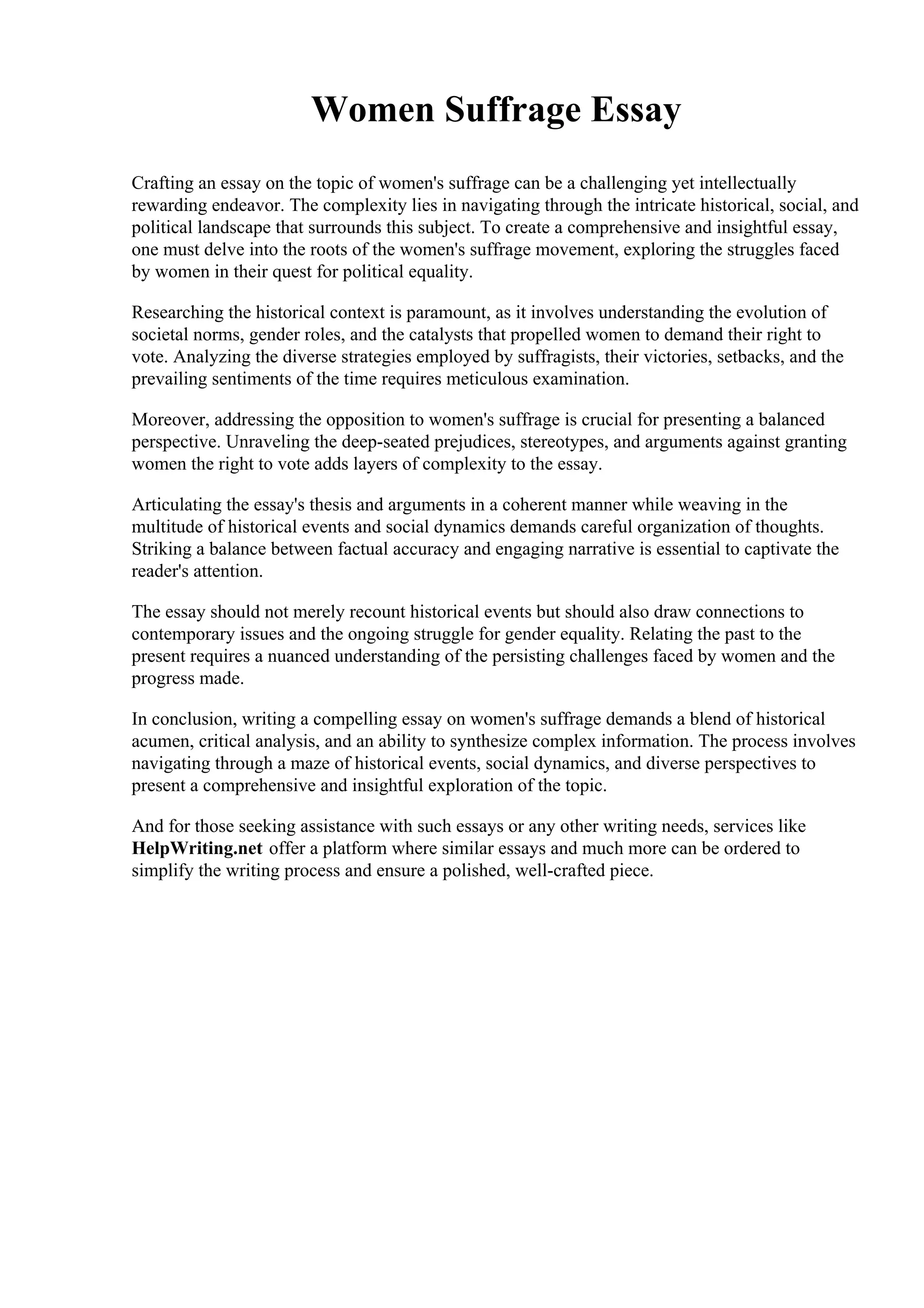 Women Suffrage Essay. Sinte Gleska University | PDF