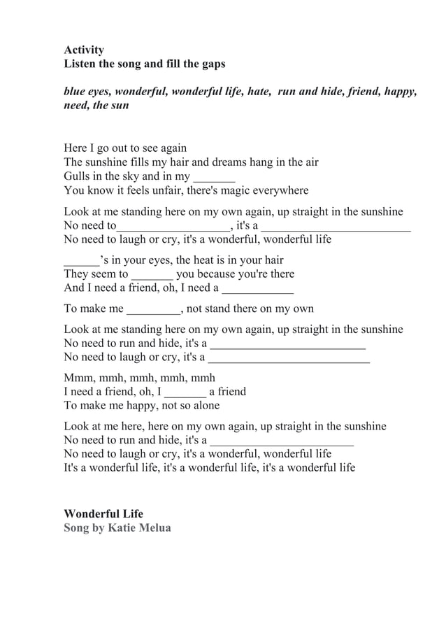 Wonderful Life lyrics fill the gaps.doc | Music | Entertainment