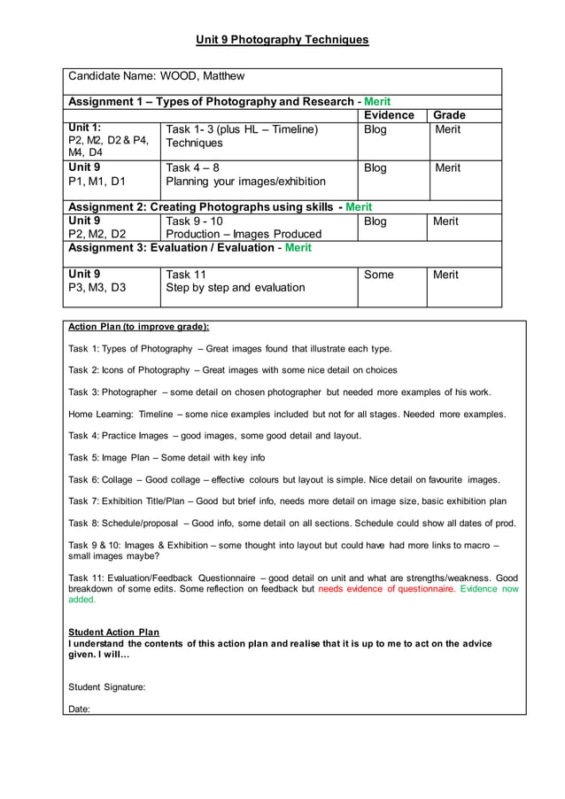 Wood unit 9 assignment 1 marking sheet | DOCX