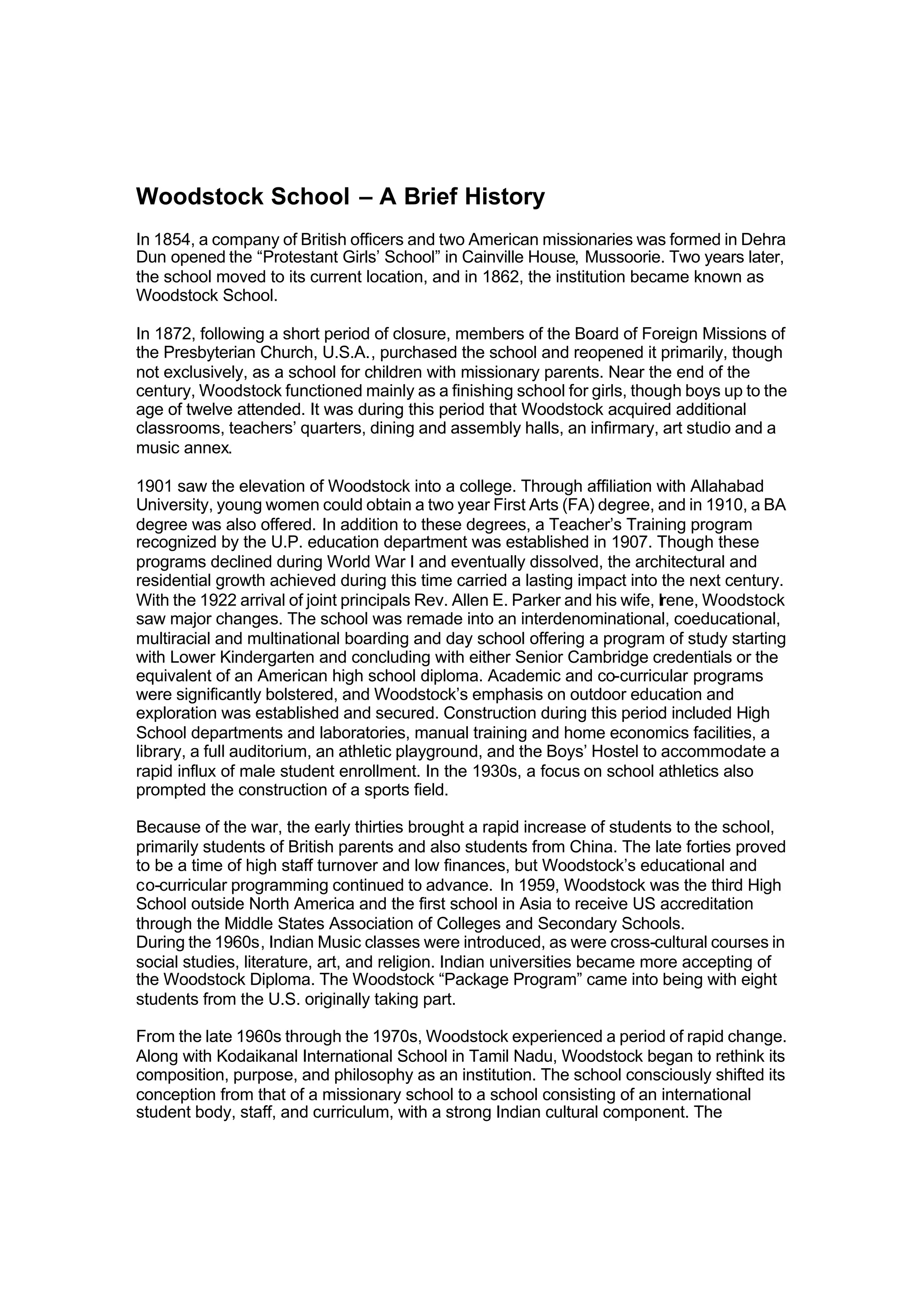 Woodstock School History | PDF
