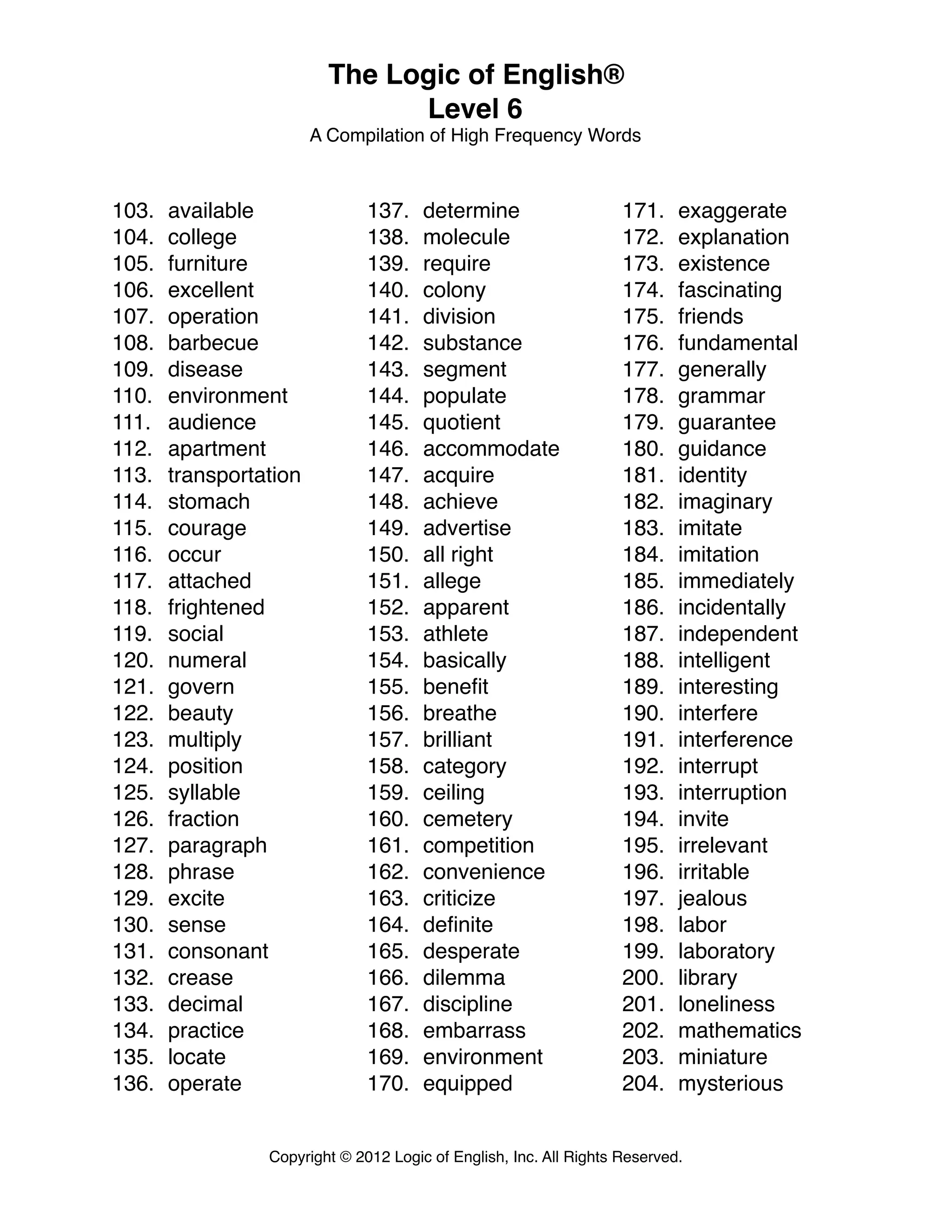 Reading In English Word List Level 6 Pdf