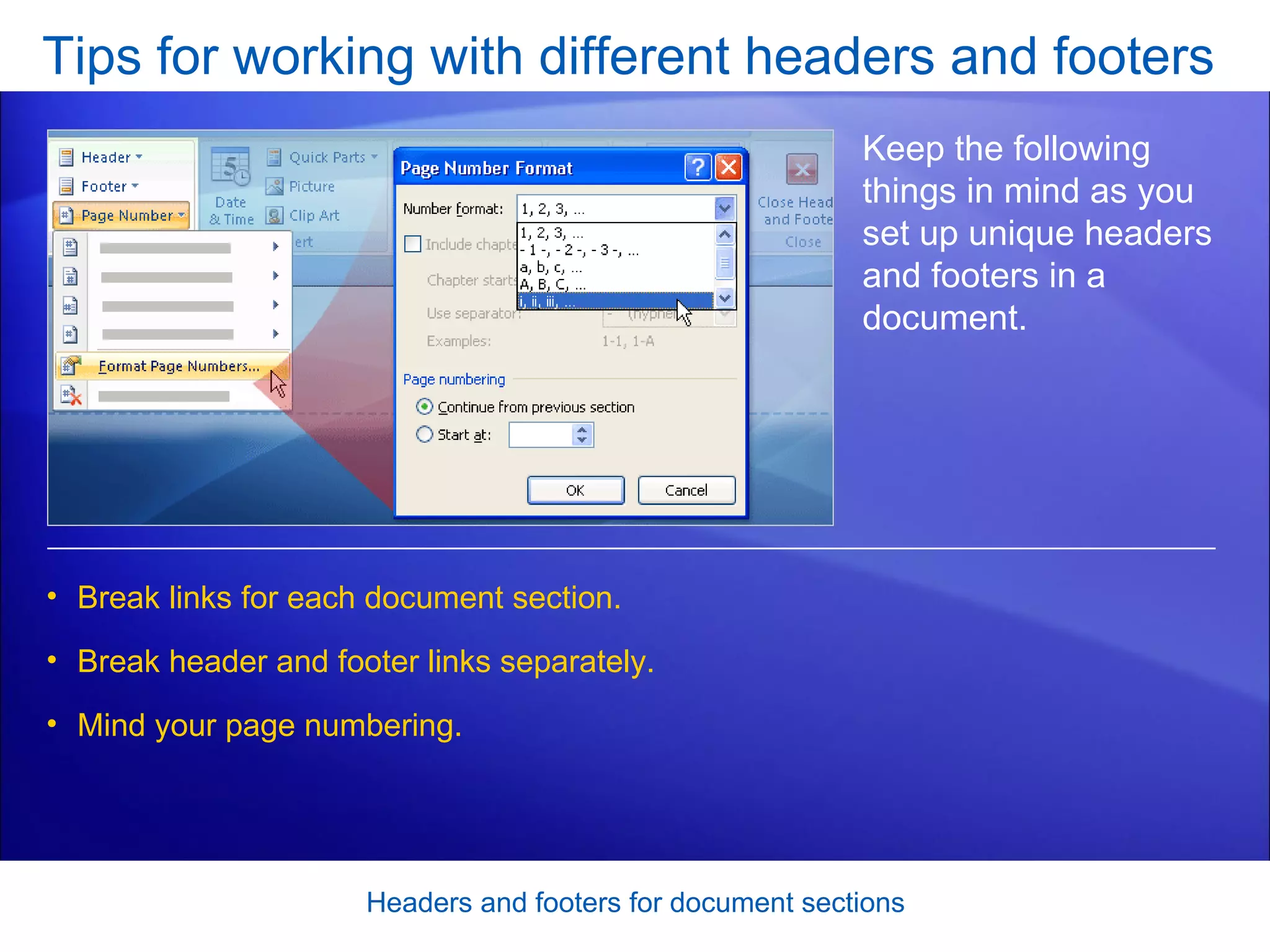 Word 2007-Headers And Footers For Document Sections | PPT | Desktop Publishing | Computer ...
