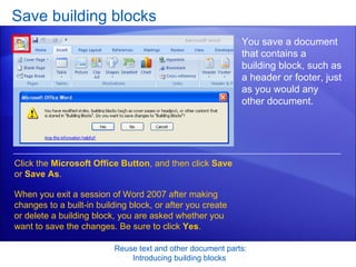 Word 2007-Reuse Text And Other Document Parts Introducing Building ...
