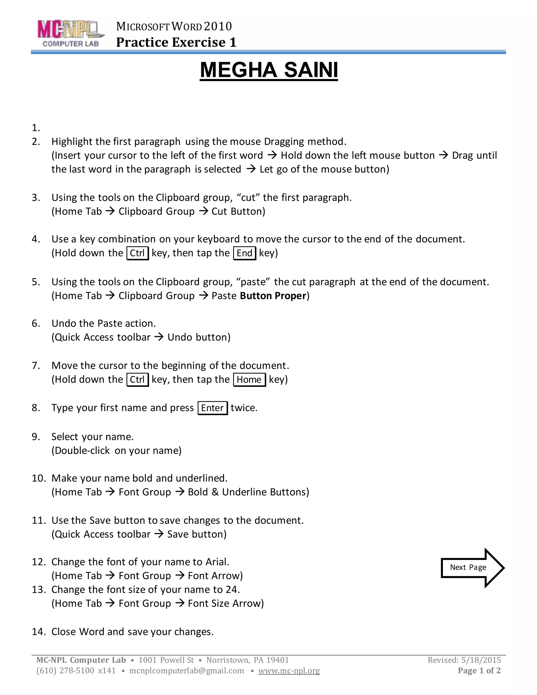 Word 2010 practice exercise instructions | DOCX
