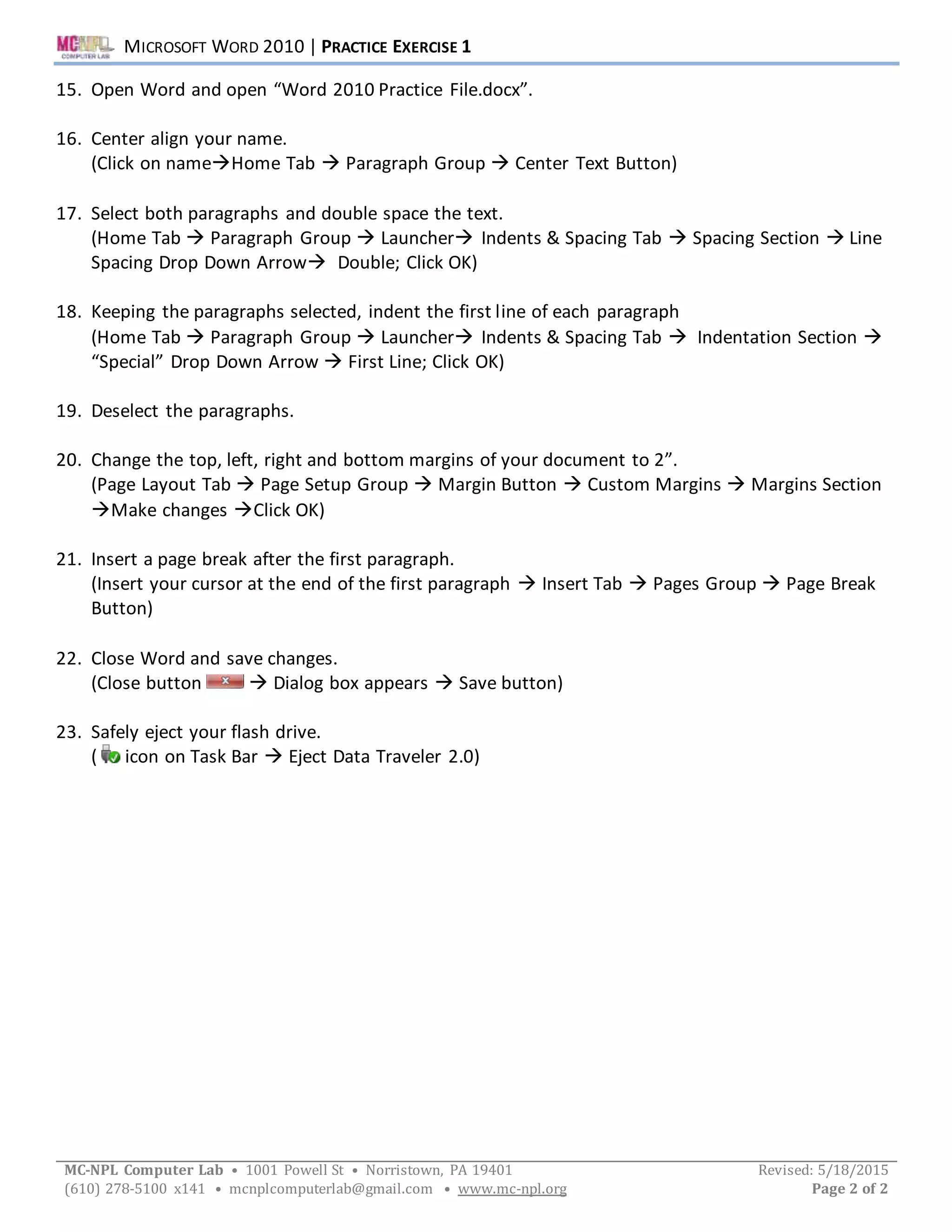 Word 2010 practice exercise instructions | DOCX