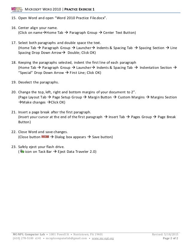 Word 2010 practice exercise instructions