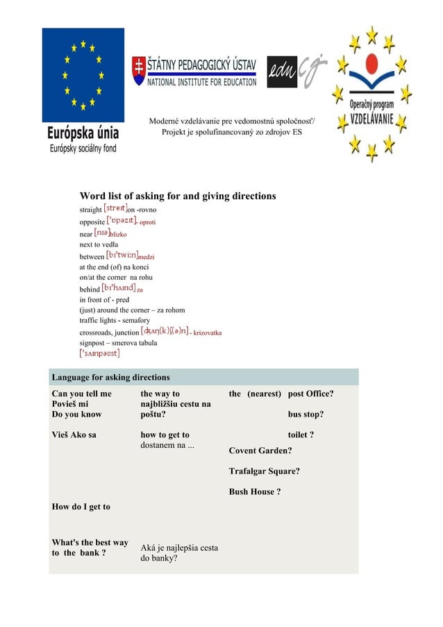 Word list of asking and giving directions plus dialogues