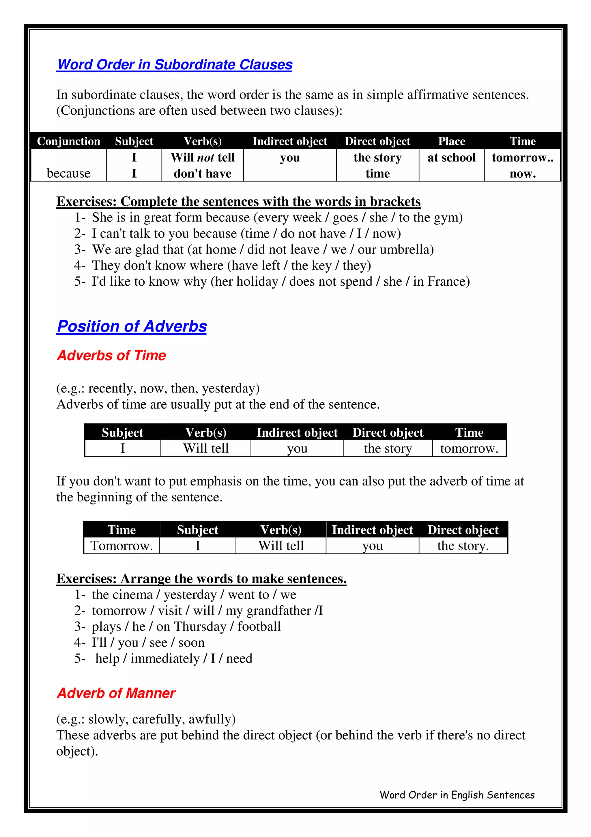 Word Order in English Sentences | PDF | Education