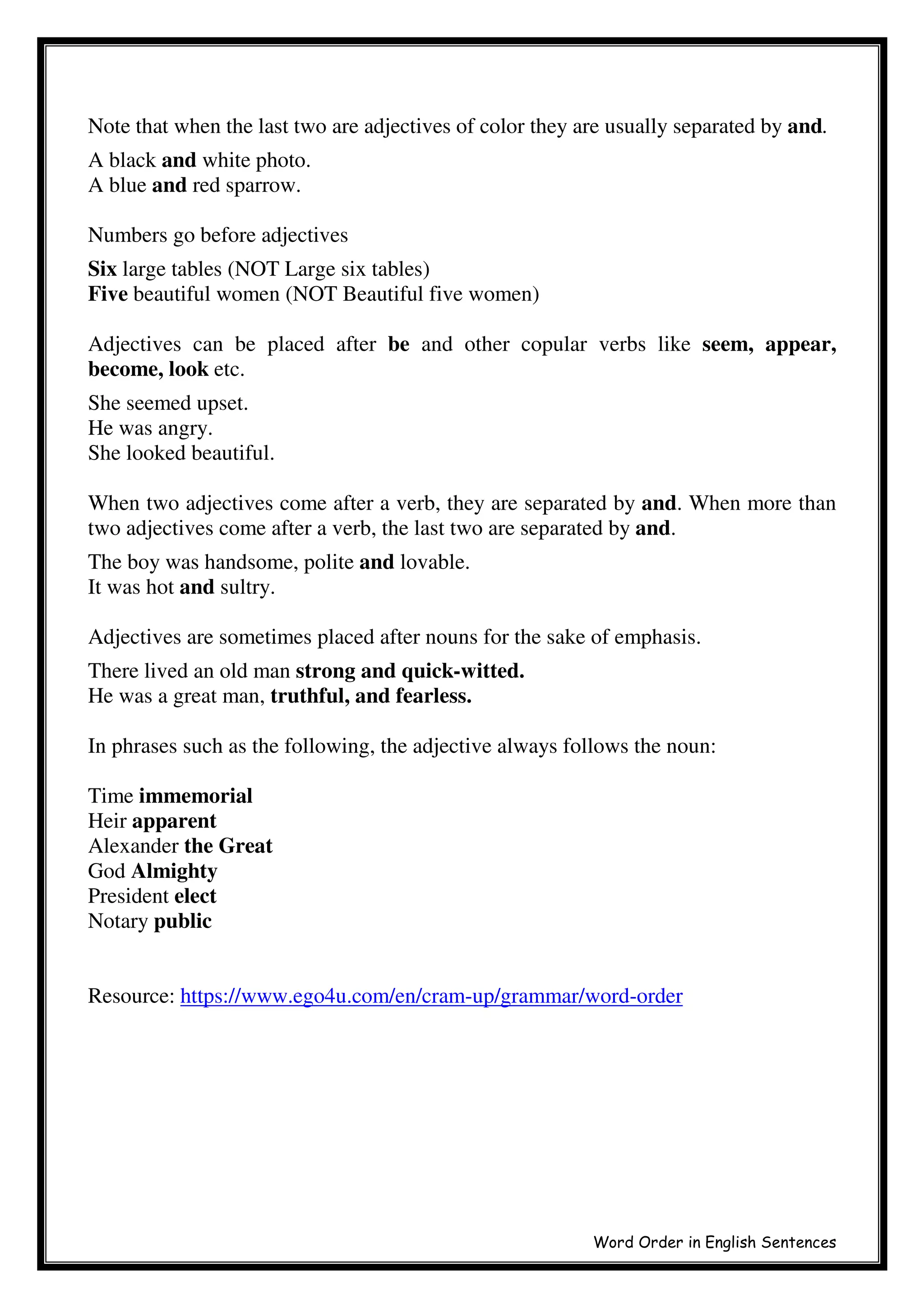 Word Order in English Sentences | PDF | Education