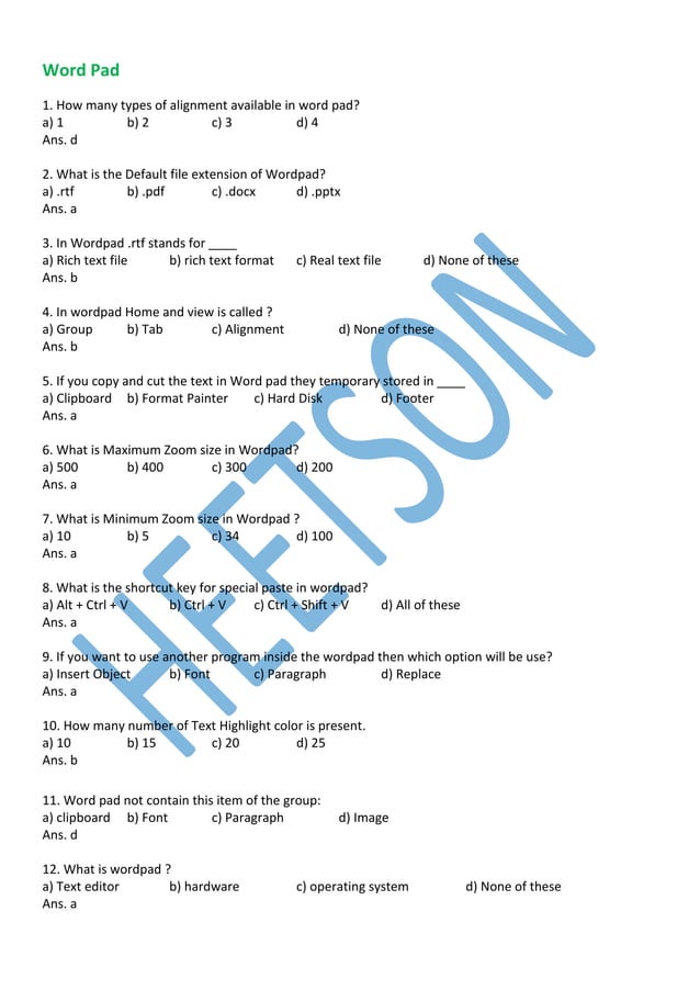 WordPad MCQ Questions and Answers Basic Objective | PDF