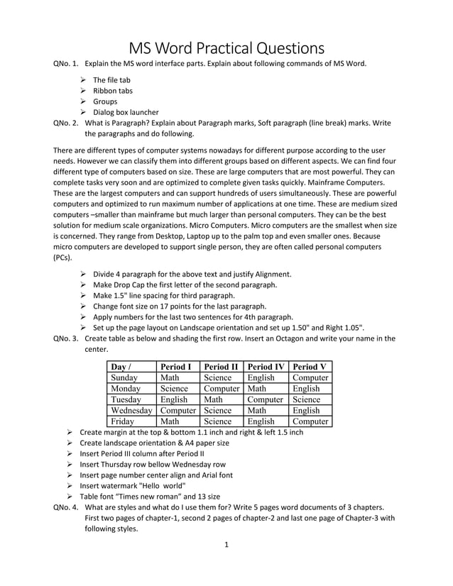 Word practical questions for exercises | PDF