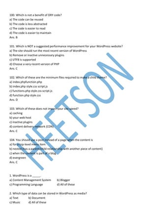 WordPress MCQ Questions and Answers Most Important | PDF