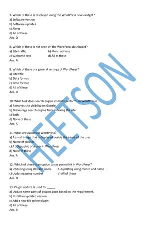 WordPress MCQ Questions and Answers Most Important | PDF