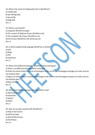 WordPress MCQ Questions and Answers Most Important | PDF