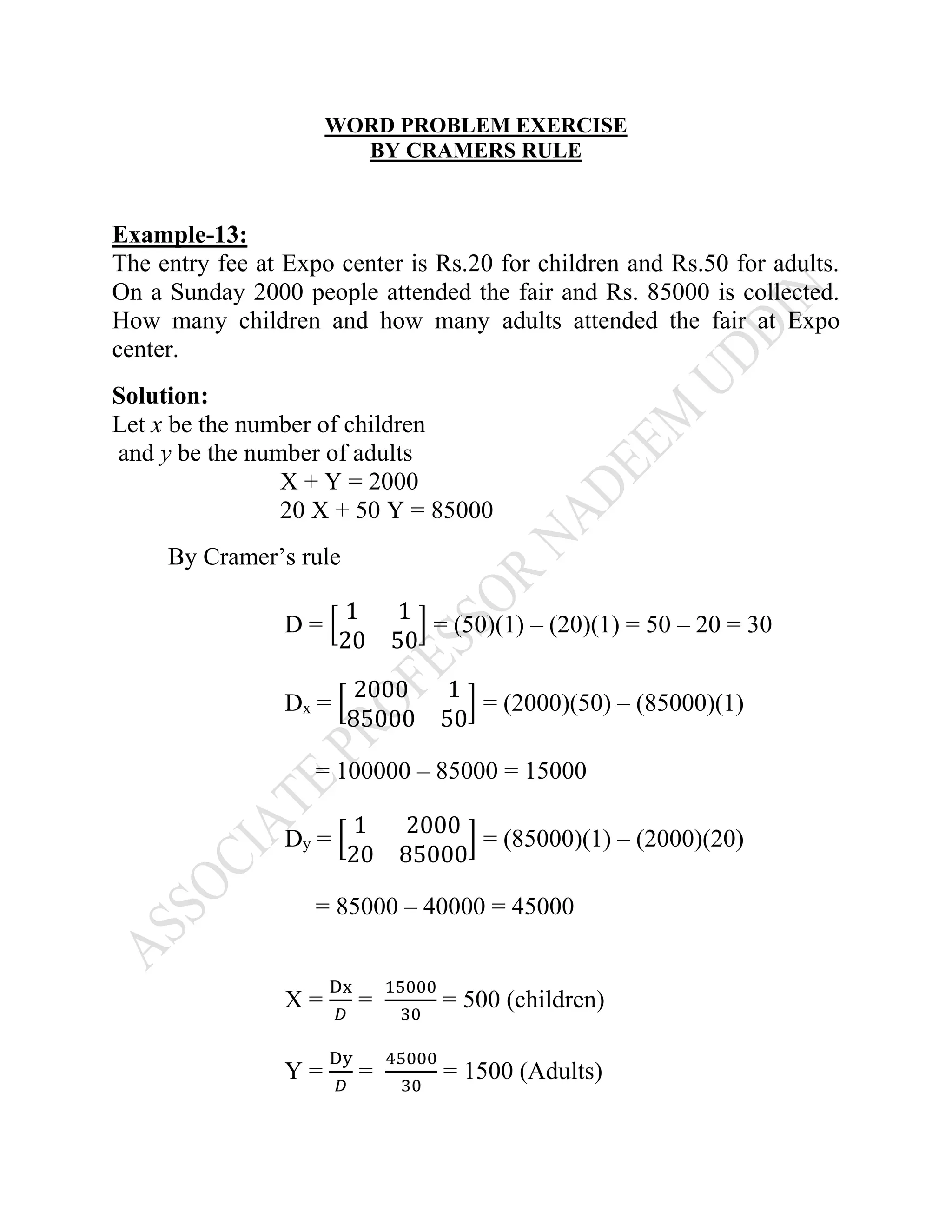 Word problem exercise by cramers rule | PDF