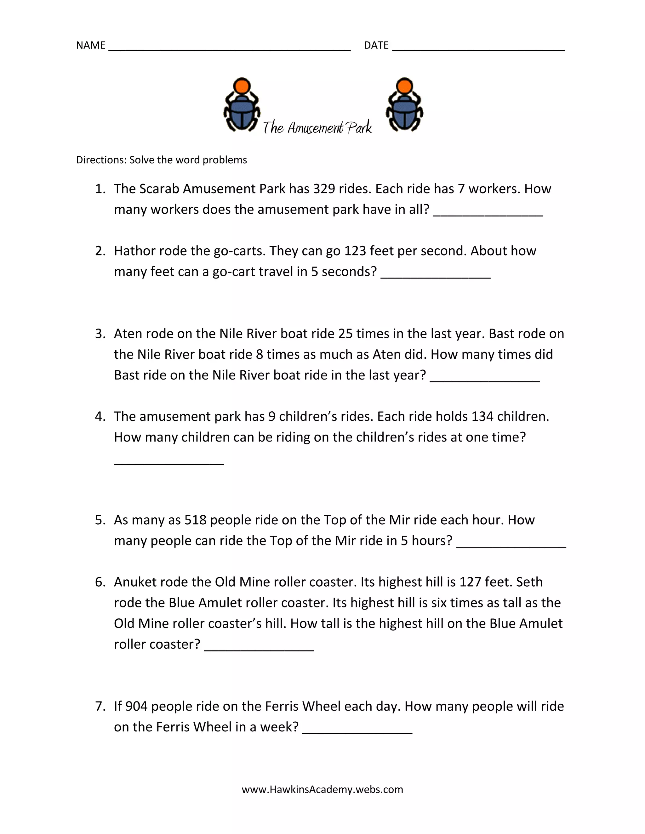 The Amusement Park -word problems, multiplication | DOCX