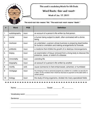 Word roots bio- and -mort- (6) with definitions | PDF