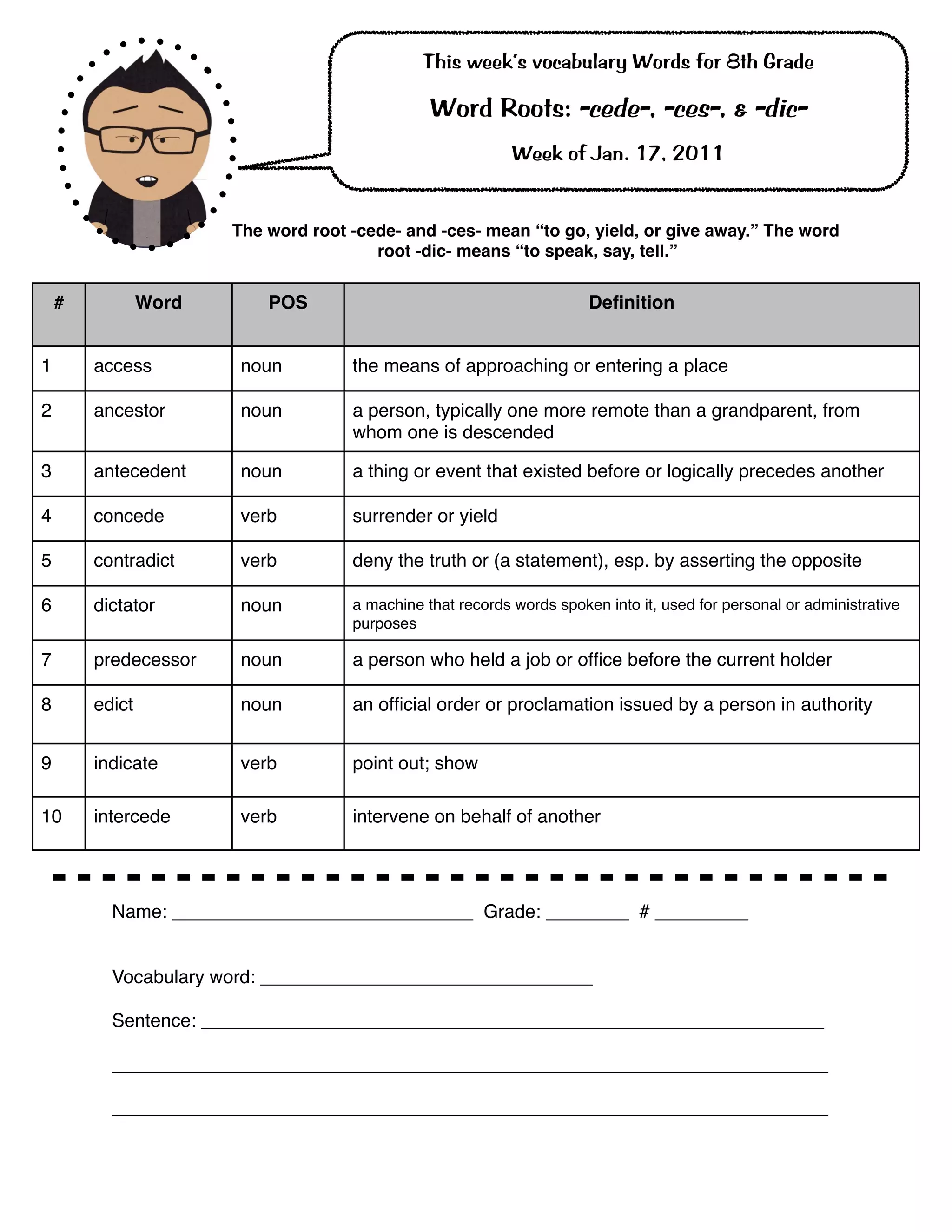 Word roots cede-, -ces-, and -dic- (8) with definitions | PDF