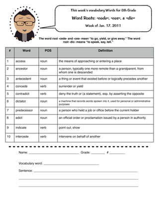Word roots cede-, -ces-, and -dic- (8) with definitions | PDF