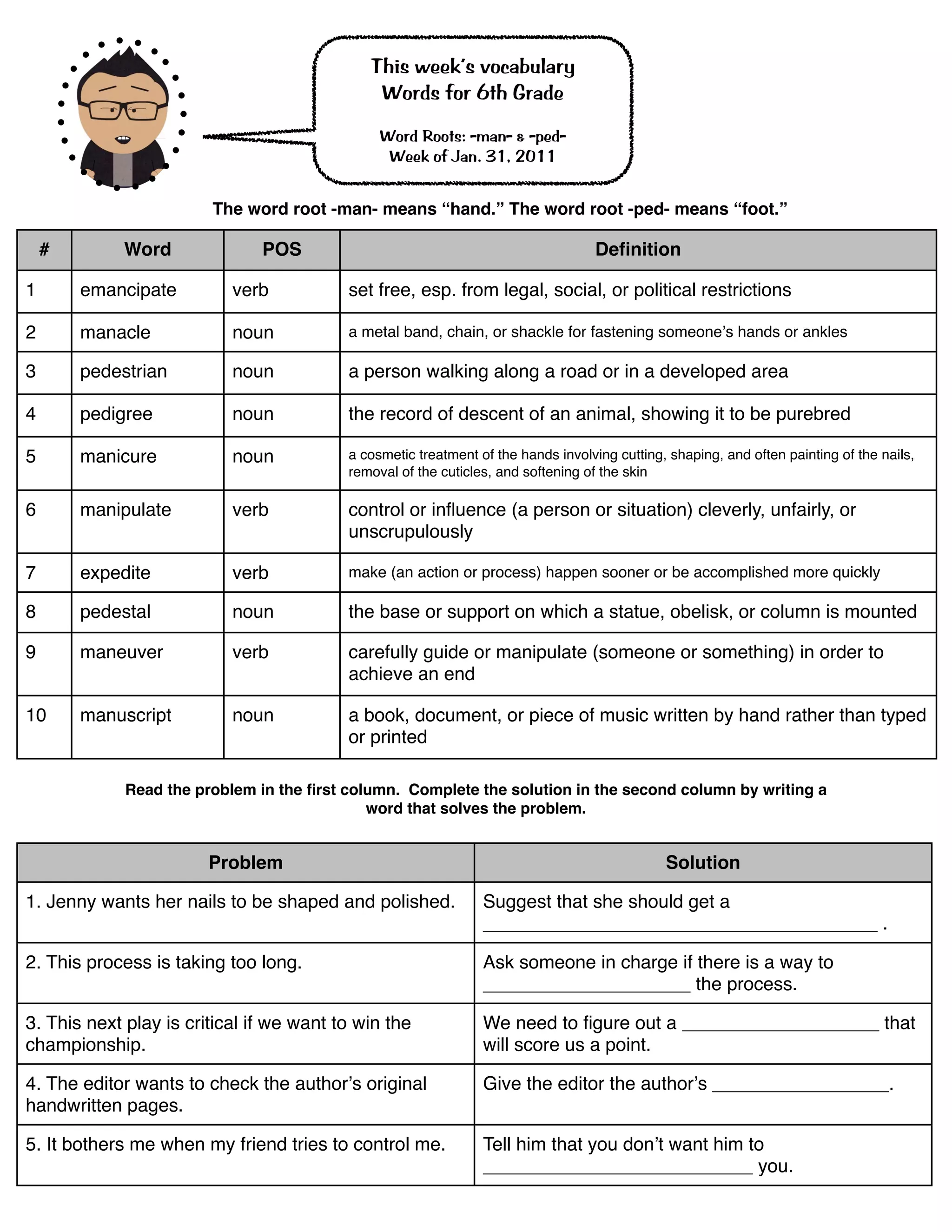 Word roots -man- and -ped- (6) with definitions | PDF