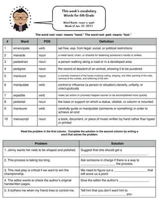 Word roots -man- and -ped- (6) with definitions | PDF