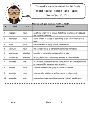 Word roots -scribe- and -spec- (7) with definitioins | PDF