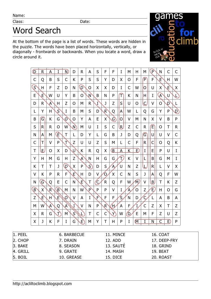 Cooking Verbs Word Search KEY Cooking Verbs Word Search KEY