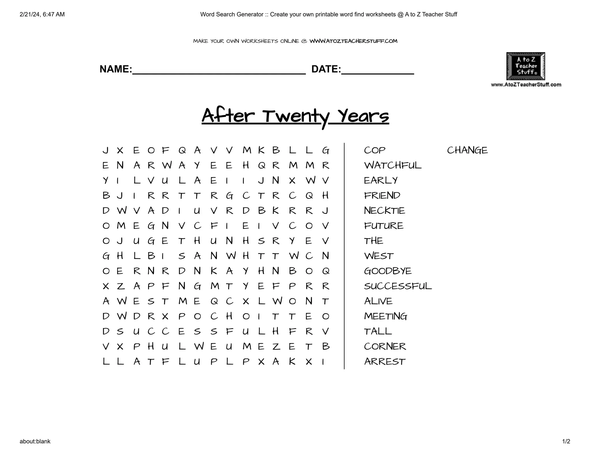 AFter Twenty Years Vocabulary Word Search Activity | PPT