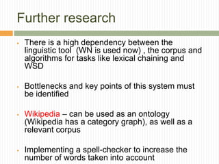 Word sense disambiguation and lexical chains construction using wordnet | PPT