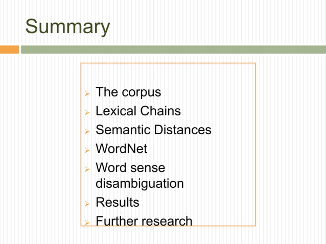 Word sense disambiguation and lexical chains construction using wordnet | PPT