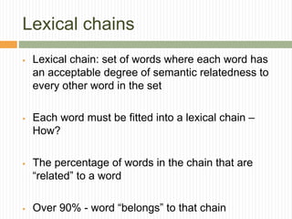 Word sense disambiguation and lexical chains construction using wordnet | PPT