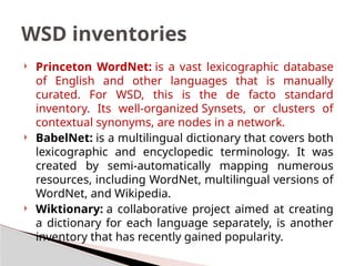 WORD SENSE DISAMIGUITION, methods to resolve WSD, wordnet, | PPTX