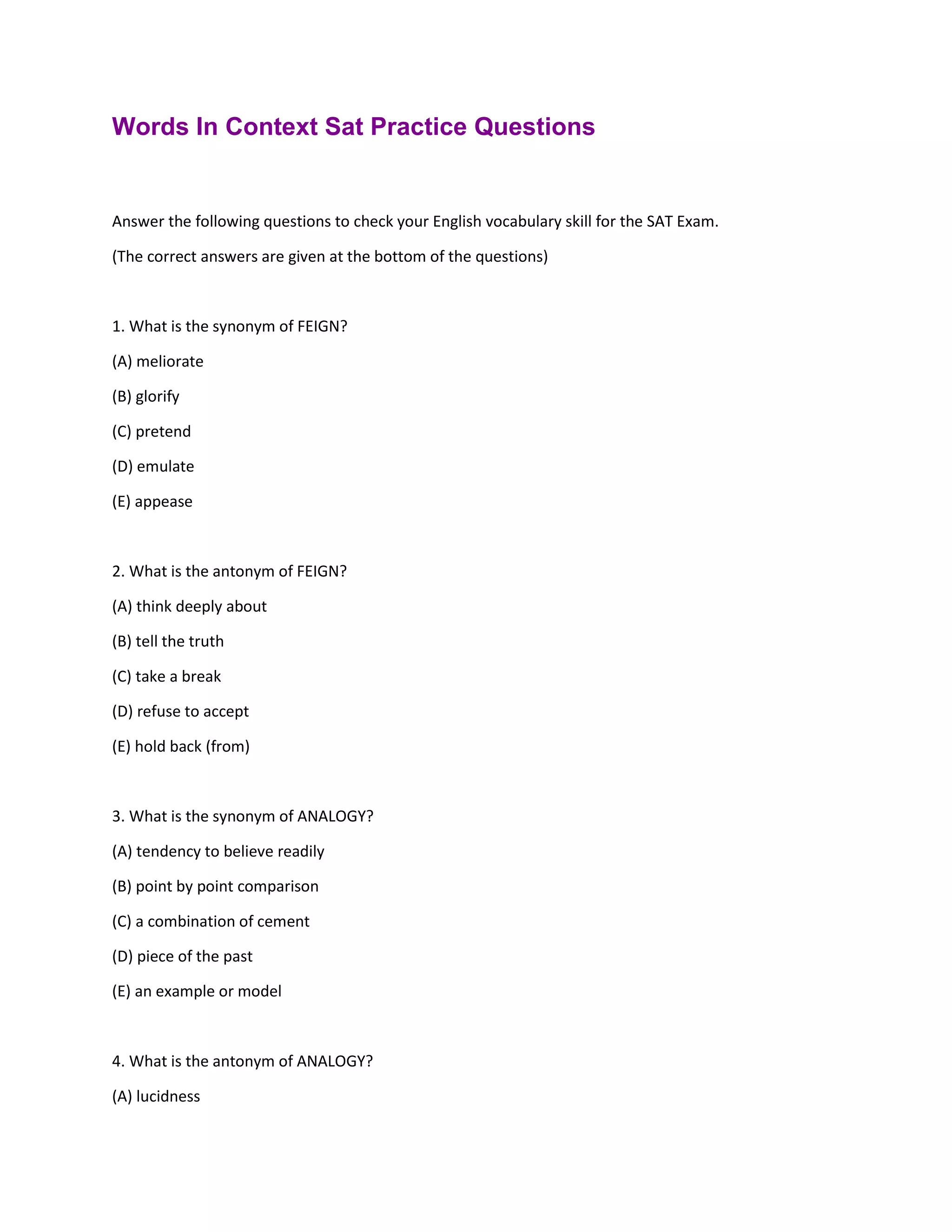 Words In Context Sat Practice Questions | PDF