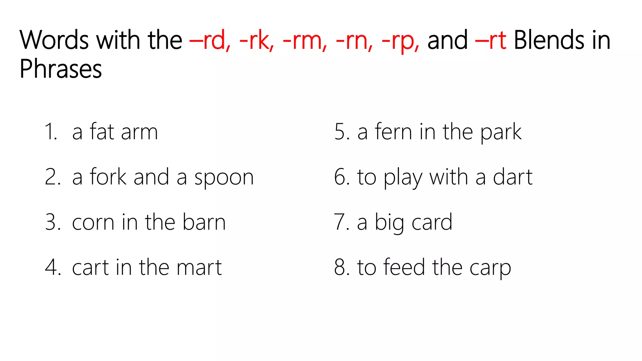 Words with the Final rd, -rk, -rm, -rn, -rp, and -rt Blends | PPTX