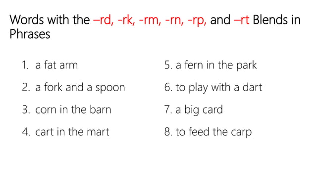 Words with the Final rd, -rk, -rm, -rn, -rp, and -rt Blends | PPTX